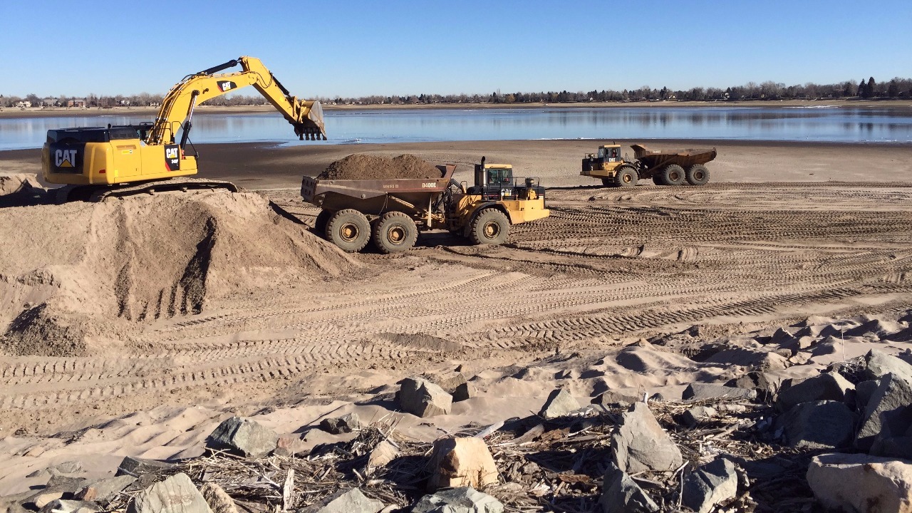Work begins on giant sandbar removal at Lake Loveland | 9news.com