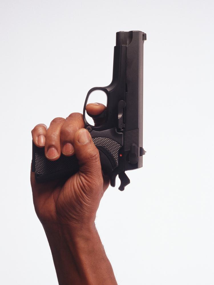 Gun Pointing Upwards Woman Pointing Gun Target Close Up Image Stock